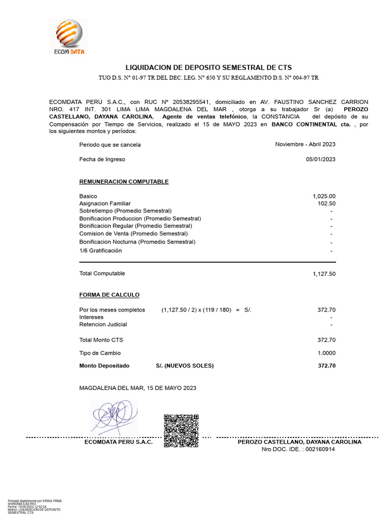 Liquidación Semestral de CTS 2023 | PDF