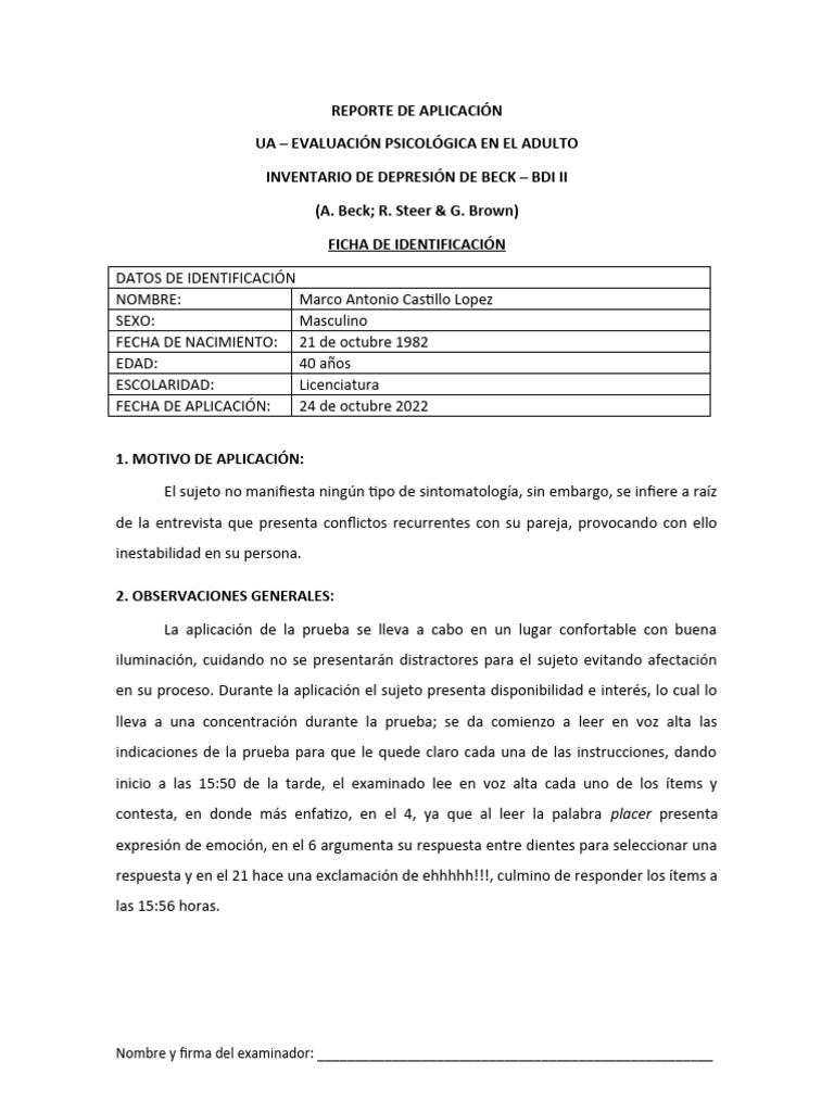 Reporte de Aplicación - Bdi II | PDF | Depresión (estado de ánimo) | Trastorno depresivo mayor