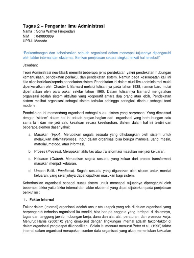 Tugas 2 - Sonia Wahyu Furqondari - Pengantar Ilmu Administrasi | PDF