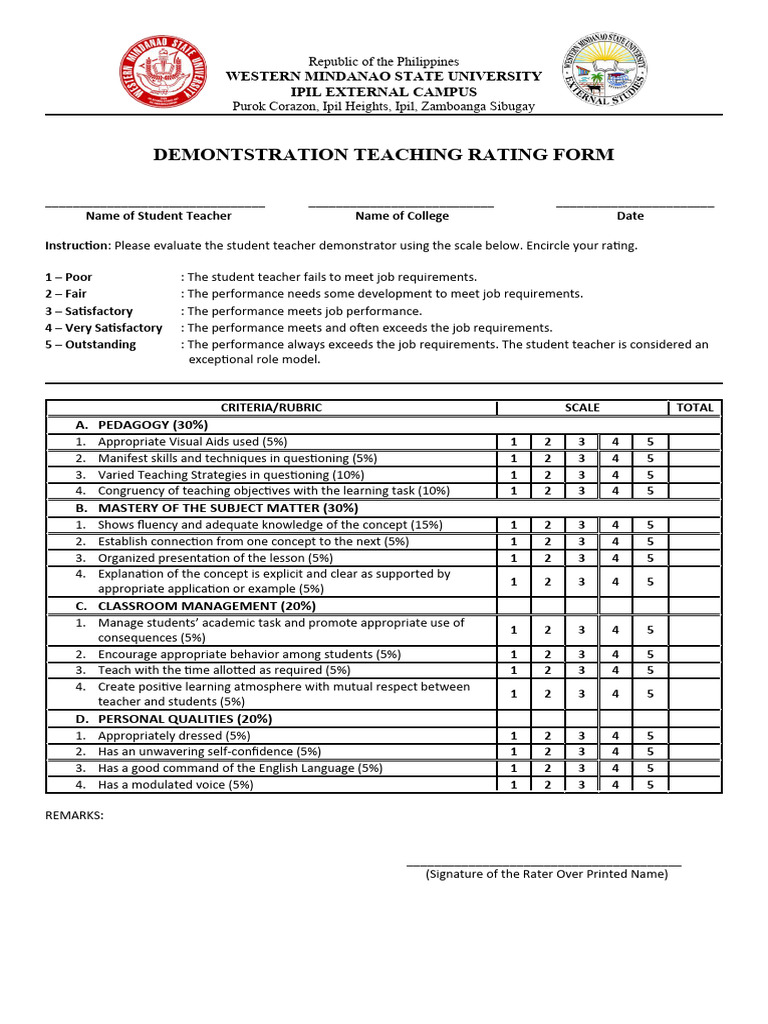 Demo Teaching Rating Sheet 2025 | PDF | Classroom Management | Human ...