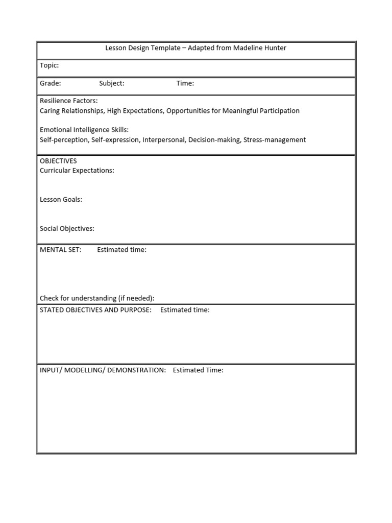 Madeline Hunter Lesson Design Template | PDF | Teachers | Curriculum
