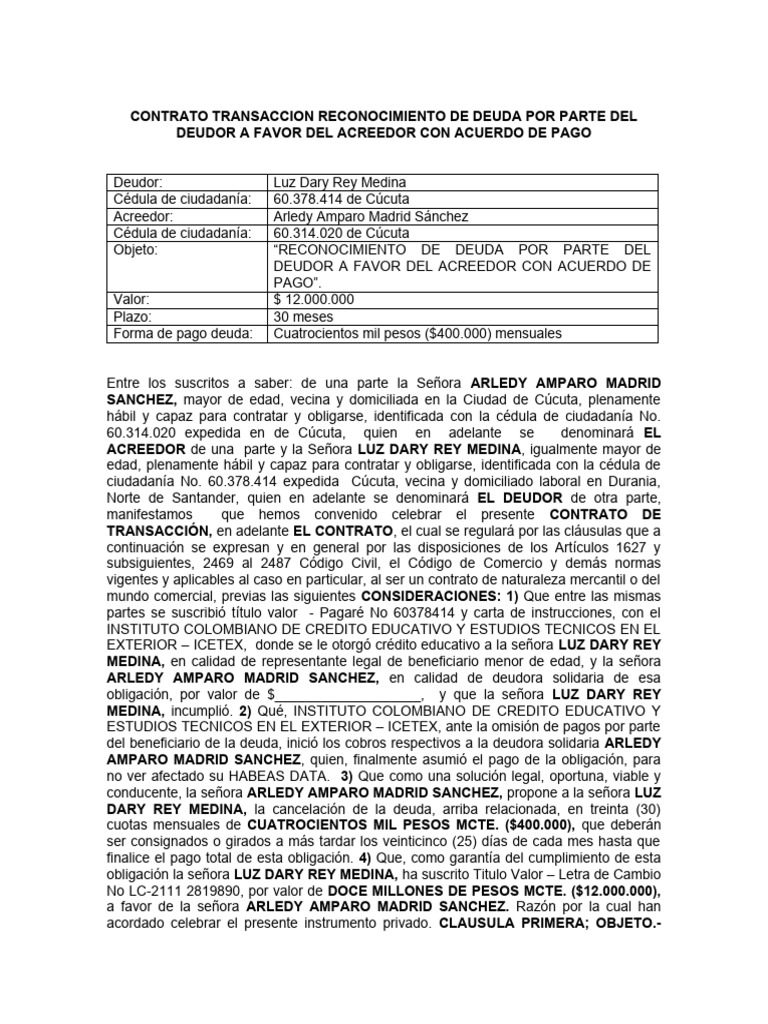 Contrato Transaccion Reconocimiento de Deuda Por Parte Del Deudor A ...