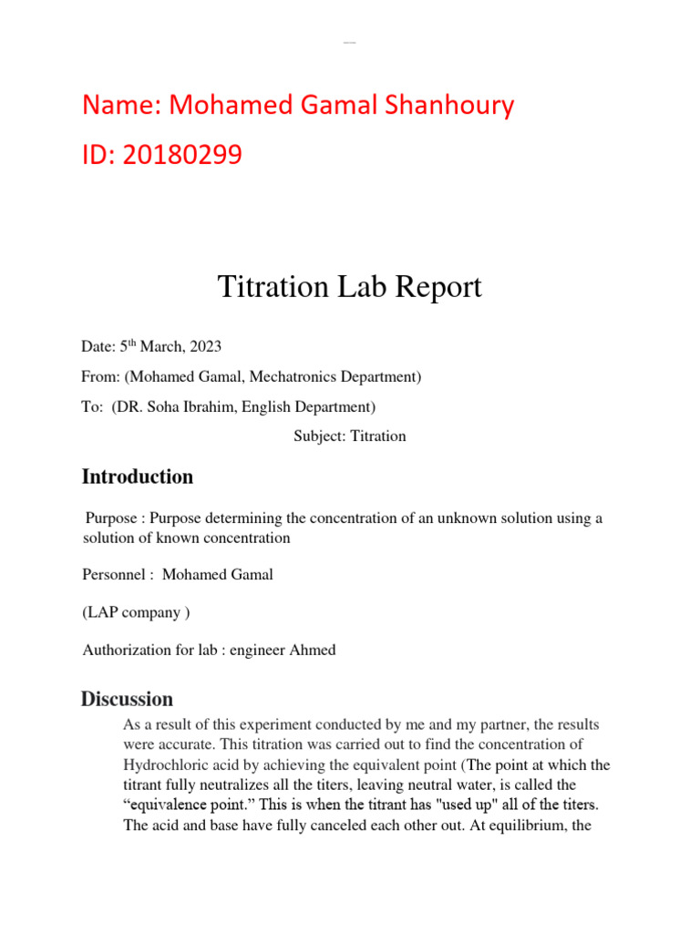 Titration Lab Report | Download Free PDF | Titration | Chemistry