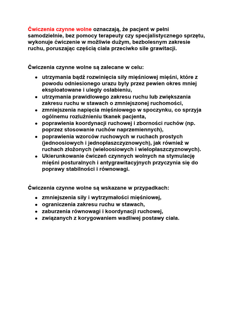 Ćwiczenia Czynne Wolne | PDF