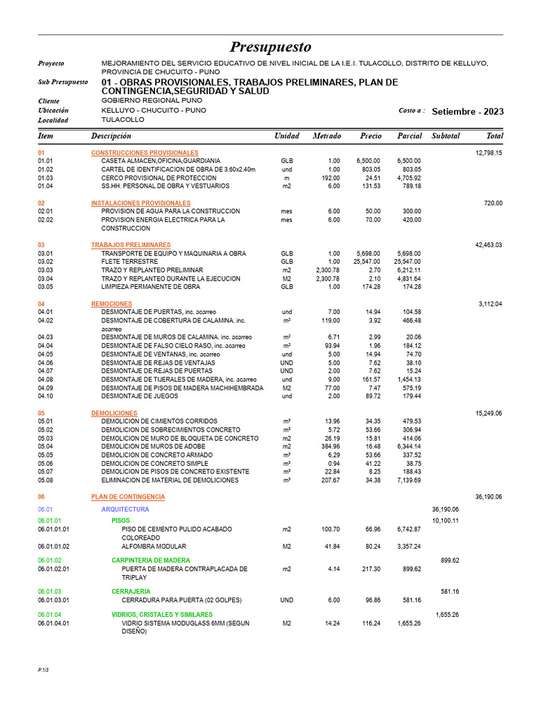 Presupuesto Obras Provisionales Ssoma Iei Tulacollo | PDF | Ingeniería de Edificación