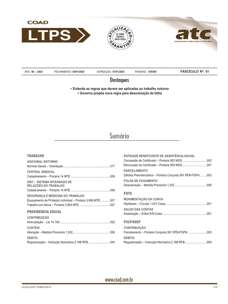 Informativo - LTPS - Fascículo 01-2024 | PDF | Hora extra | Expediente