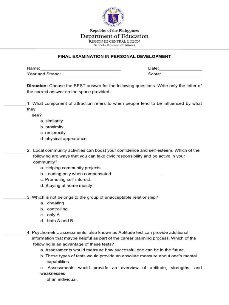 Grade 11 Personal Development Exam | PDF | Family | Adolescence