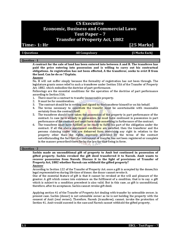 Transfer of Property Act, 1882 (Answer) | PDF