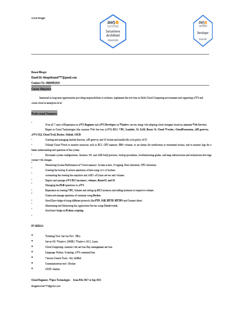 Komal - Bhagat (AWS Developer) | PDF | Amazon Web Services | Cloud ... Komal - Bhagat (AWS Developer) | PDF | Amazon Web Services | Cloud ...