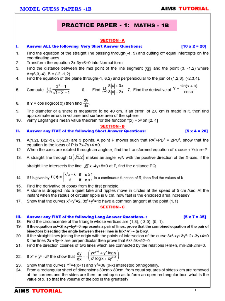 1b Guess Model Papers 2024 | PDF | Triangle | Equations