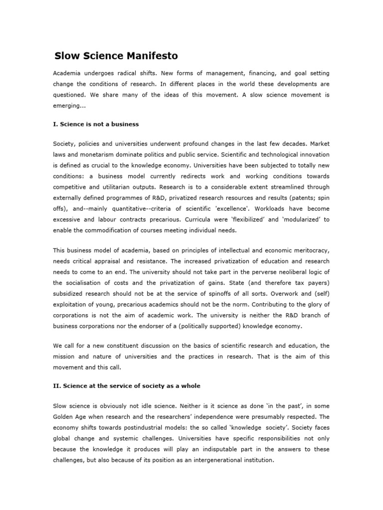 SLOW SCIENCE MANIFESTO | PDF | Science | Knowledge