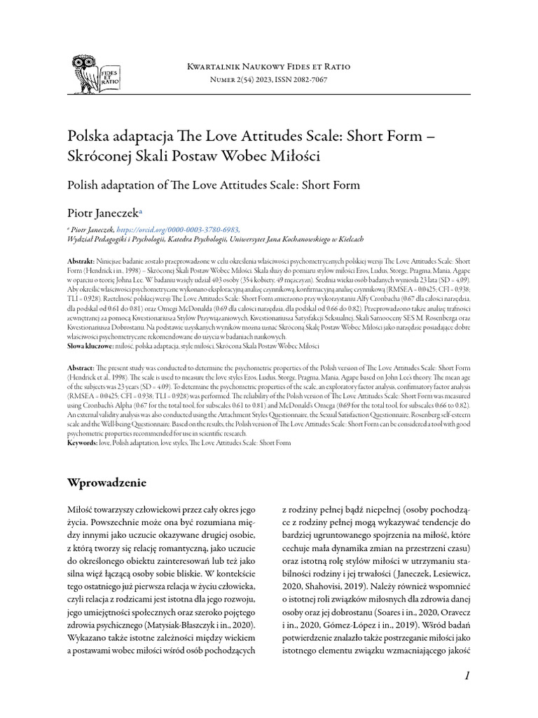 Polska Adaptacja The Love Attitudes Scale | PDF