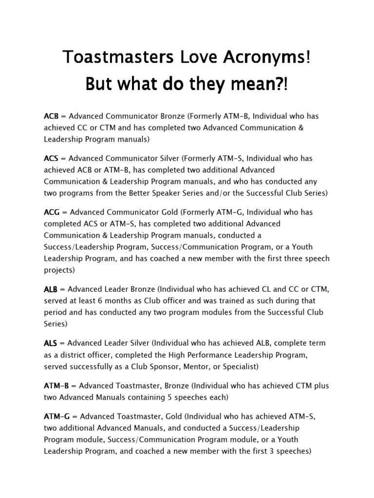 Toastmasters Love Acronyms Explained | PDF | Sports & Recreation