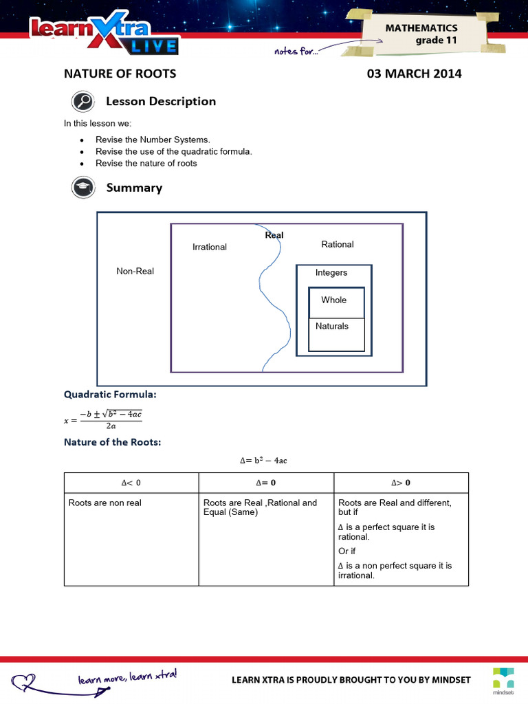 LXL - Gr11Maths - 05 - Nature of Roots - 03mar2014 | Download Free PDF ...
