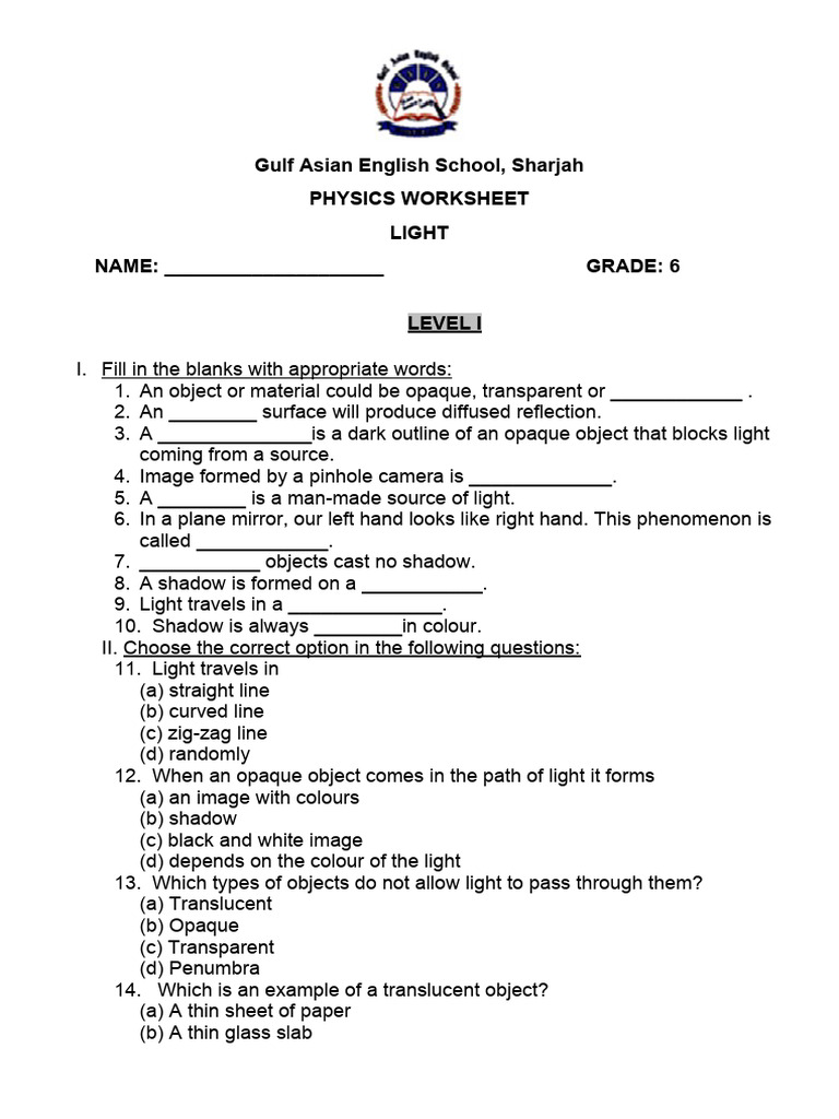 Light Shadow Reflection Worksheet | PDF | Reflection (Physics) | Light