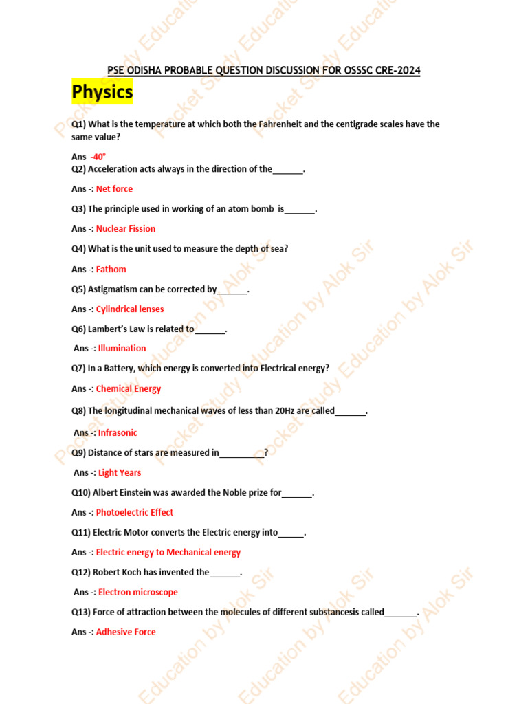 Physics: Pse Odisha Probable Question Discussion For Osssc Cre-2024 | PDF | Light | Iron