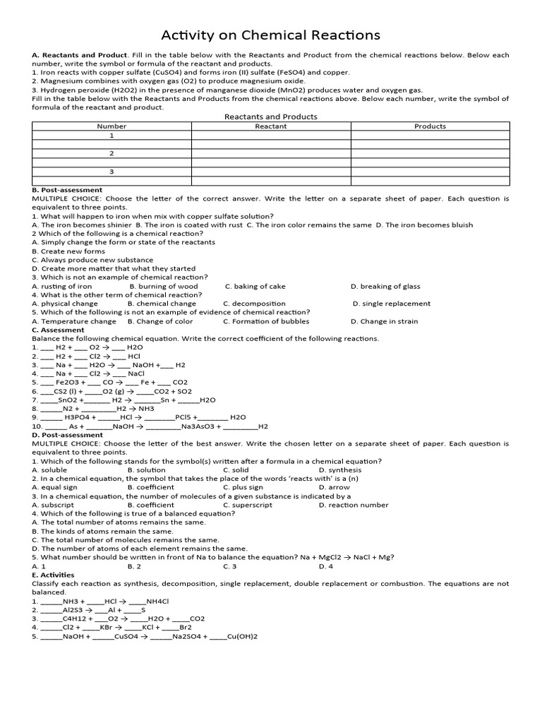 Chemical Reactions Activity Worksheet | PDF | Chemical Reactions | Iron