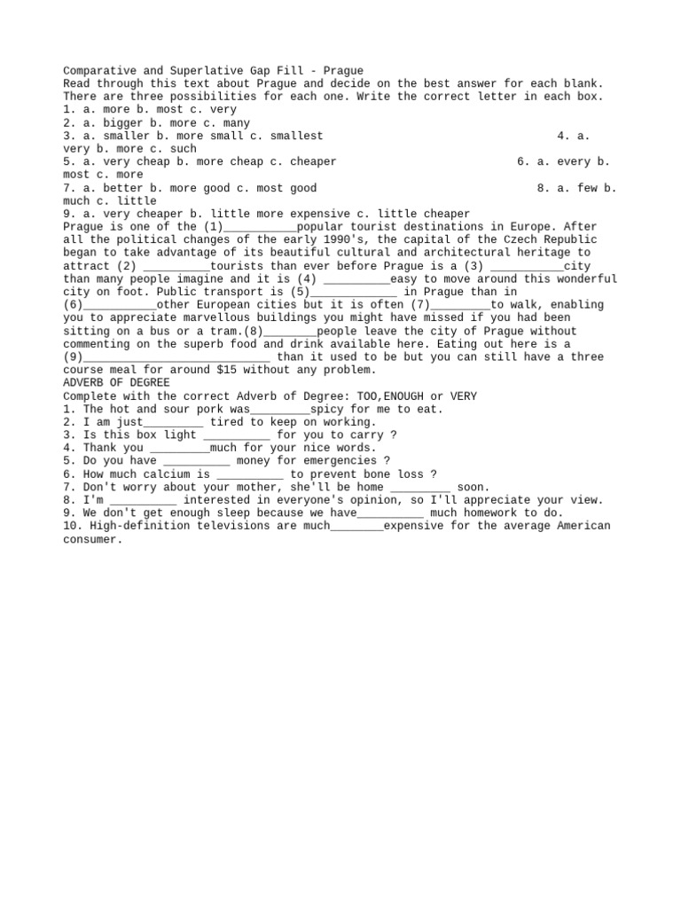 Prague Comparative & Superlative Exercise | PDF | Business | Travel