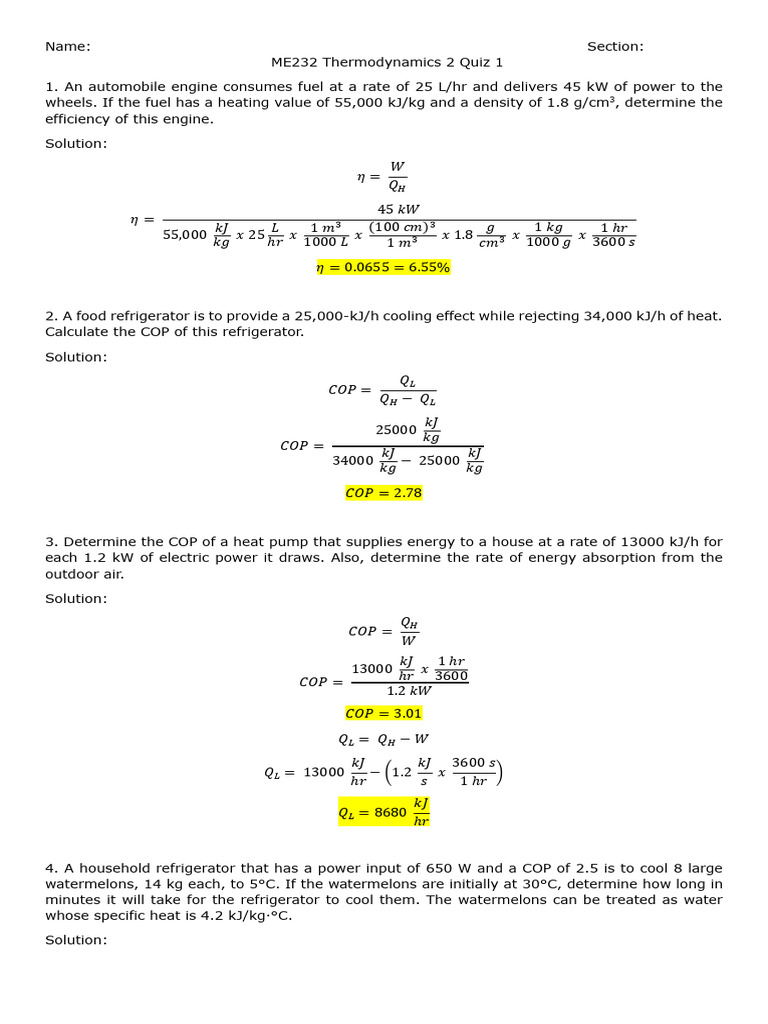 ME232 Thermodynamics 2 Quiz 1 - P1&P3 Complete Solution | PDF | Physical Sciences | Thermodynamics