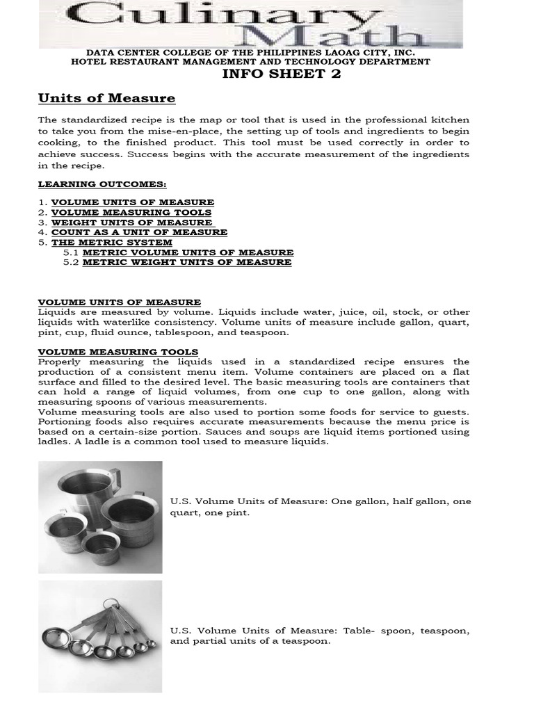 Culinary Math Info Sheet 2 | Download Free PDF | Ounce | Pound (Mass)