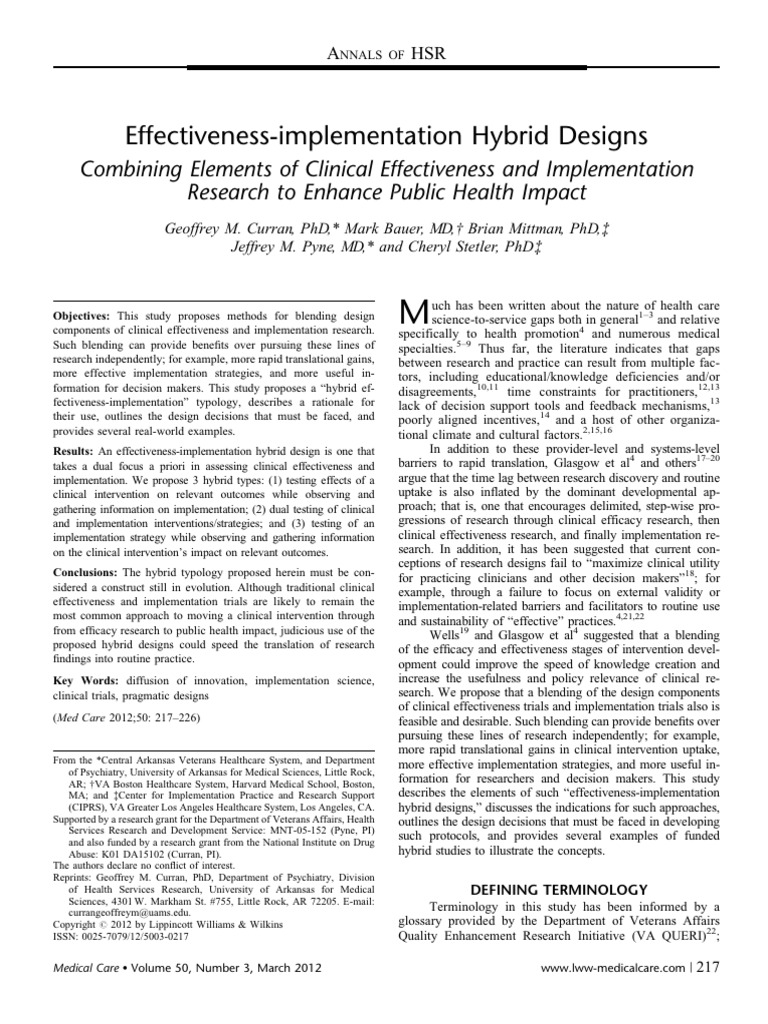 Curran, 2012 - Effectiveness-Implementation Hybrid Designs | PDF ...