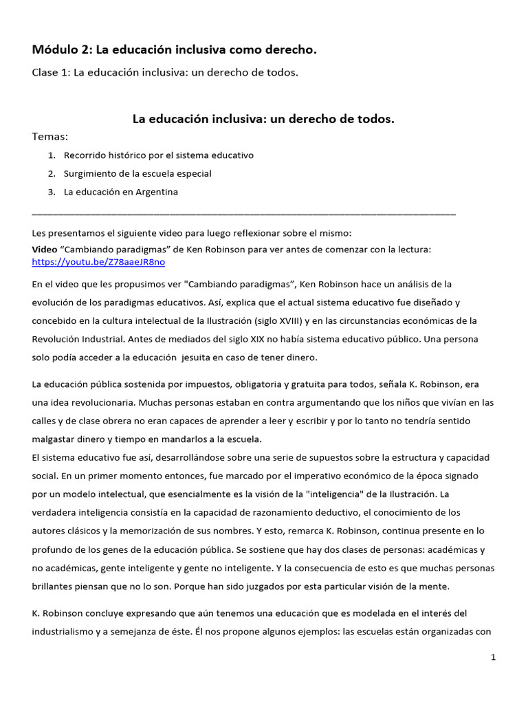 Módulo 2 - Clase 1 | PDF | Inclusión (Educación) | Educación especial
