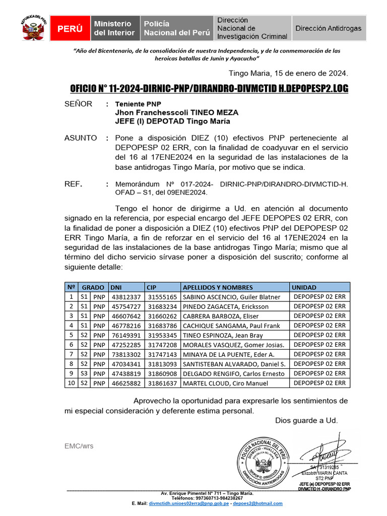 OFICIO #11 Pone A Dispocision Del Depotad Tingo Maria | PDF