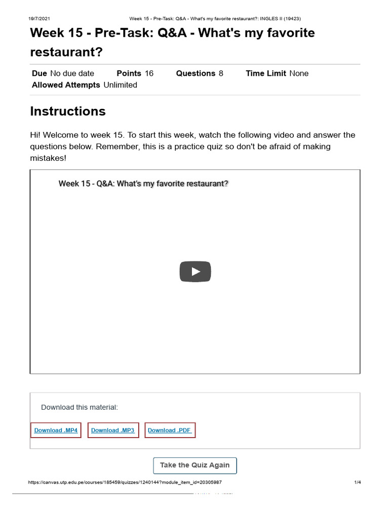 Week 15 Pre Task Qa Whats My Favorite Restaurant Ingles II 19423 ...