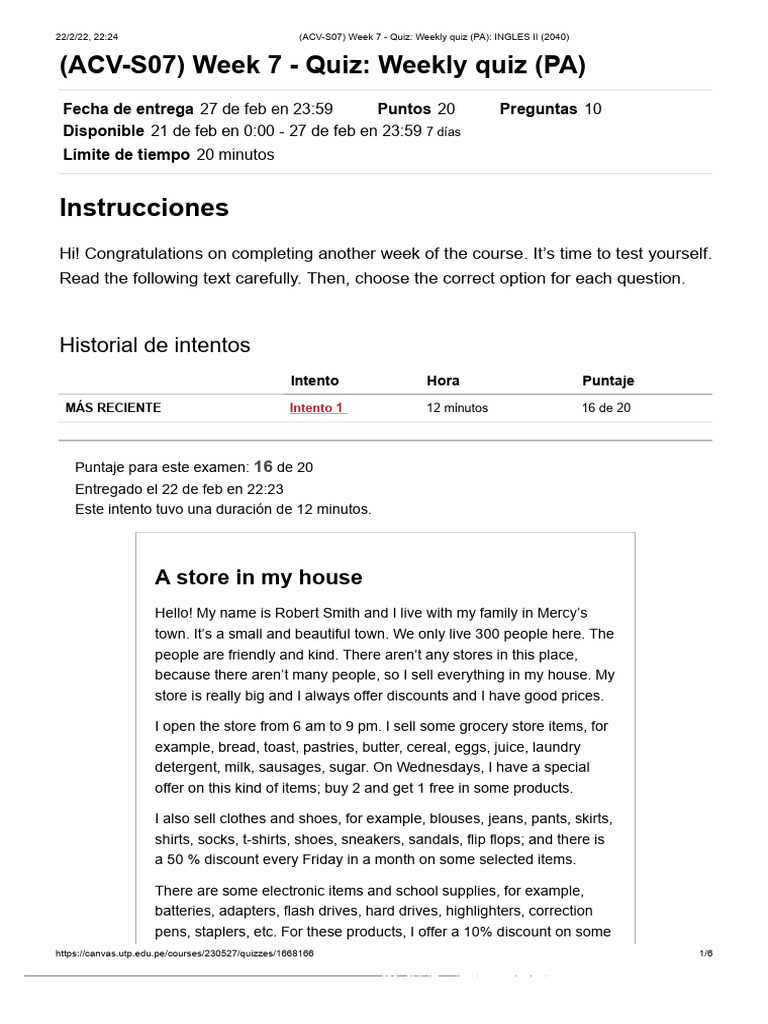 Week 7 Quiz: English II (2040) | PDF | Foods | Food And Drink