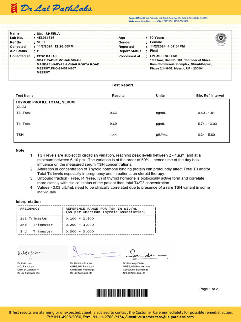 Thyroid Profile Test Report for Sheela | PDF | Thyroid Stimulating ...