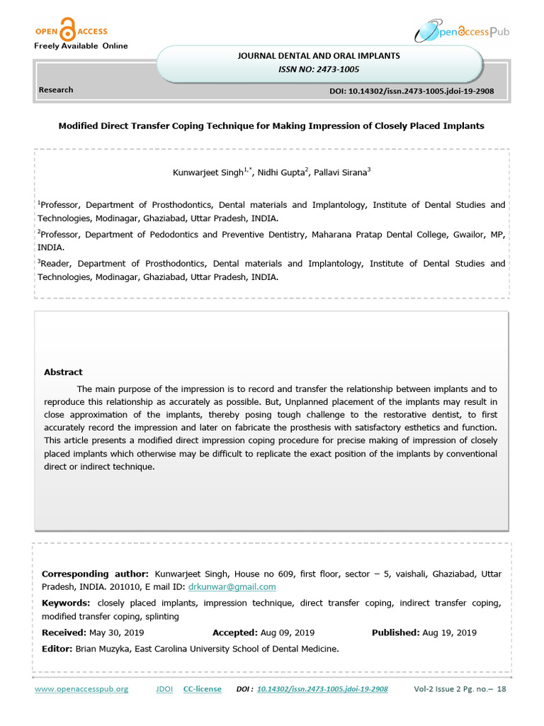 Modified Direct Transfer Coping Technique For Making Impression ...