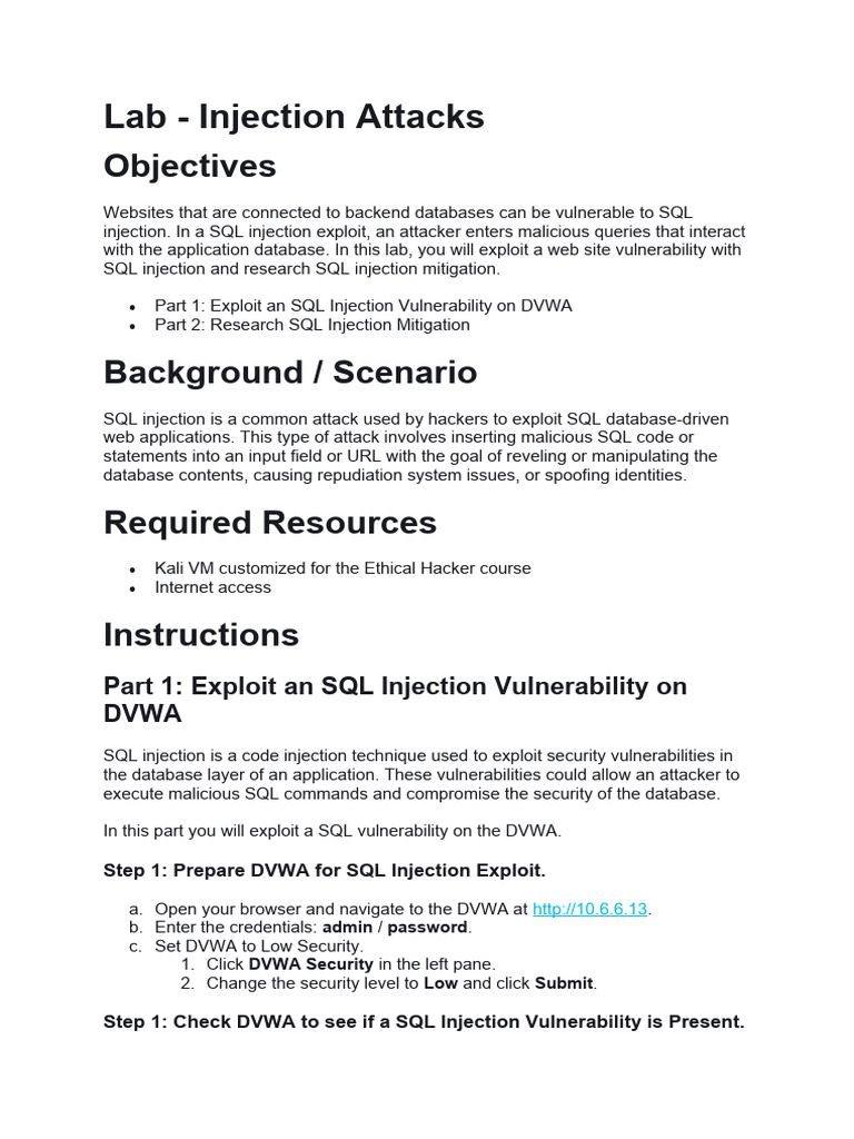 Lab - Injection Attacks: Objectives | PDF | Databases | Cyberspace