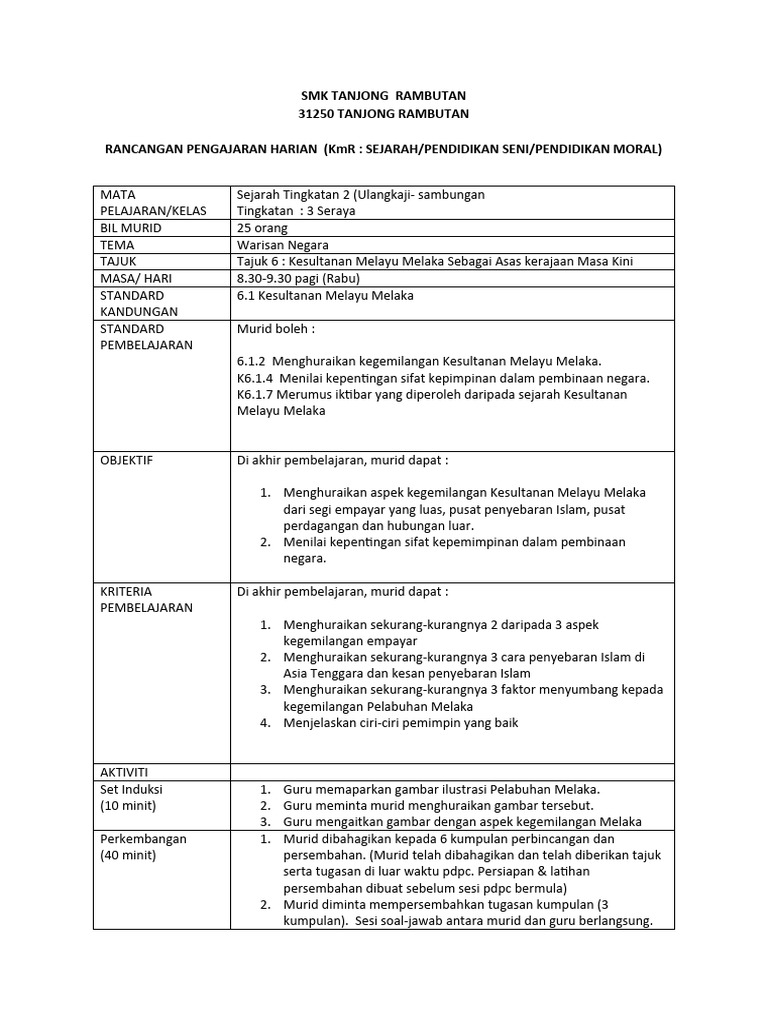 RPH SEJARAH KMR 2 | PDF