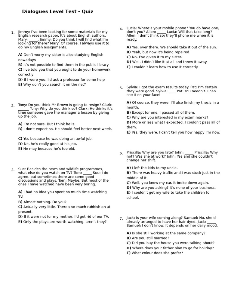 1 - Dialogues Advanced Level Test Quiz Online Exercise With Answers 1 ...