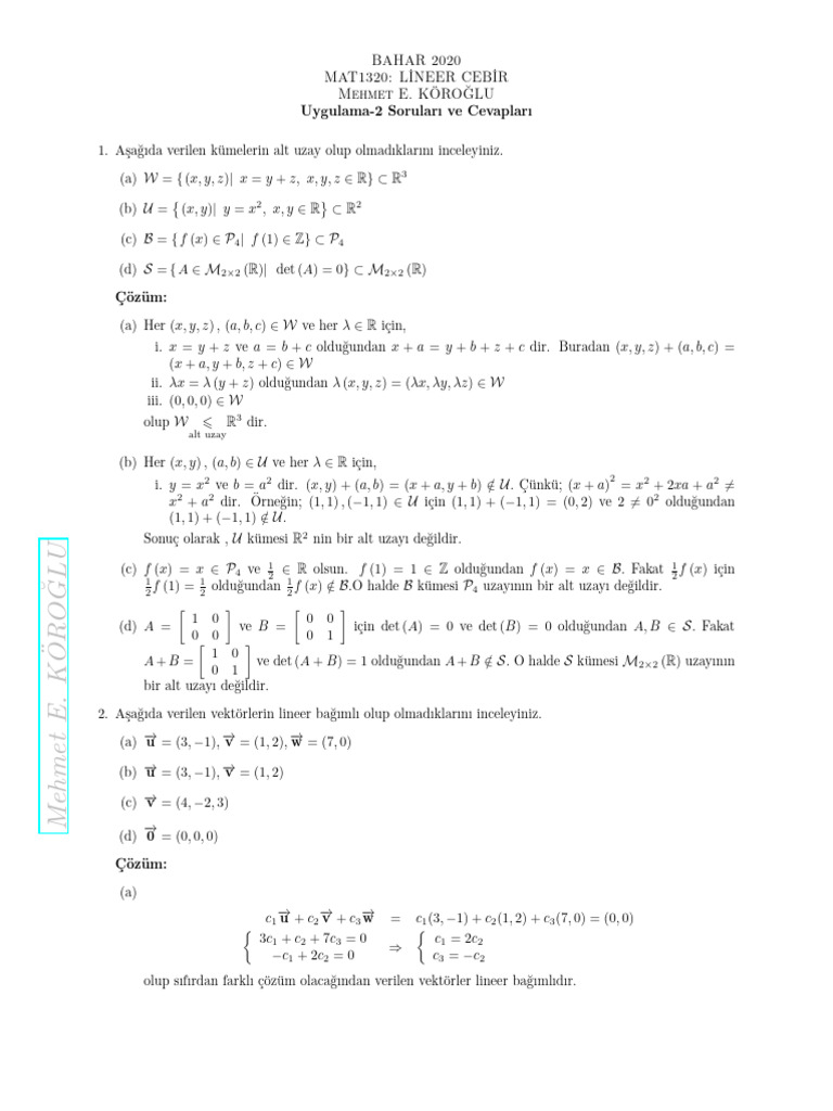 MAT1320 Uygulama 2 Soruları Ve Cevapları | PDF
