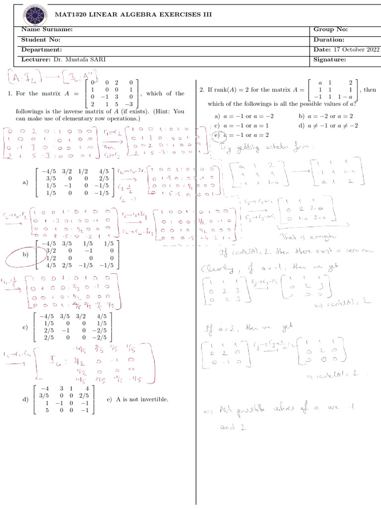 Mat 1320 Exercises-Solutions 3 | PDF | Linear Algebra | Functions And Mappings
