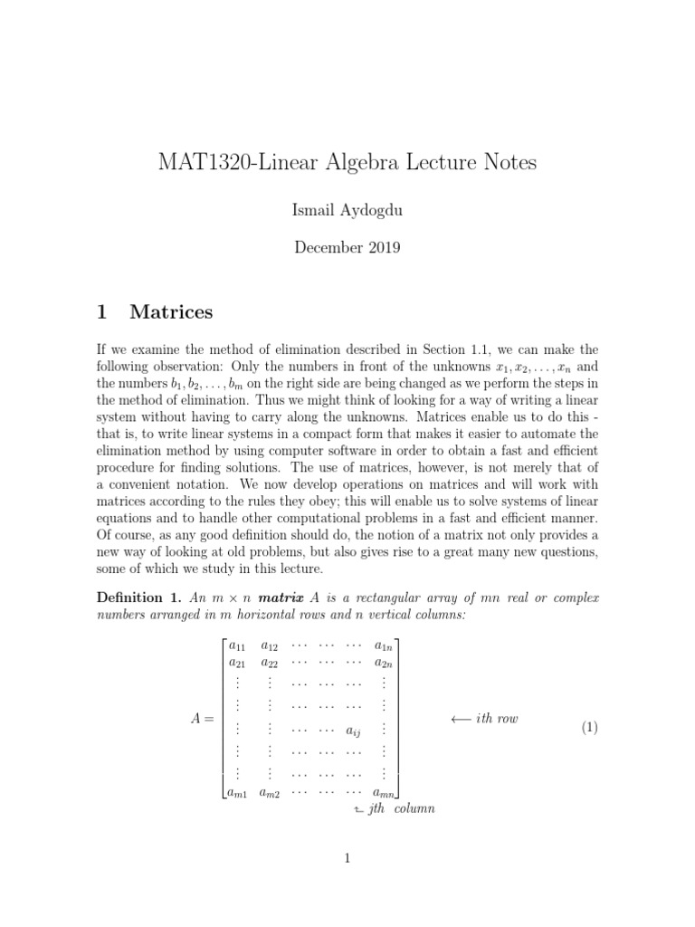 Lineer Algebra Lecture Notes Pdf Matrix Mathematics Algebra