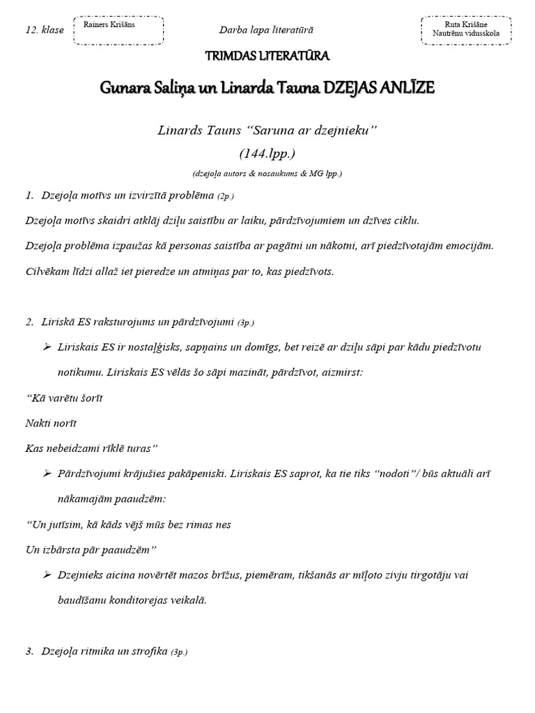 Linards Tauns "Saruna Ar Dzejnieku" Analīže | PDF