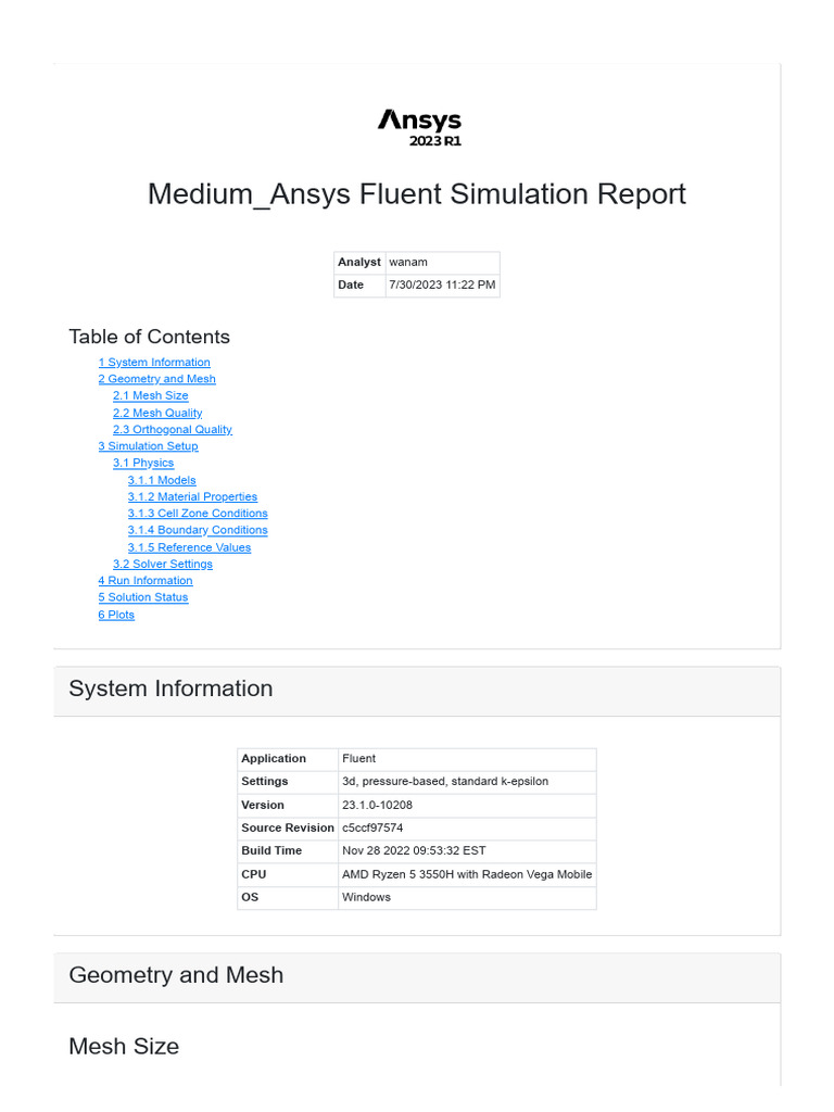 Medium Ansys Fluent Simulation Report | PDF