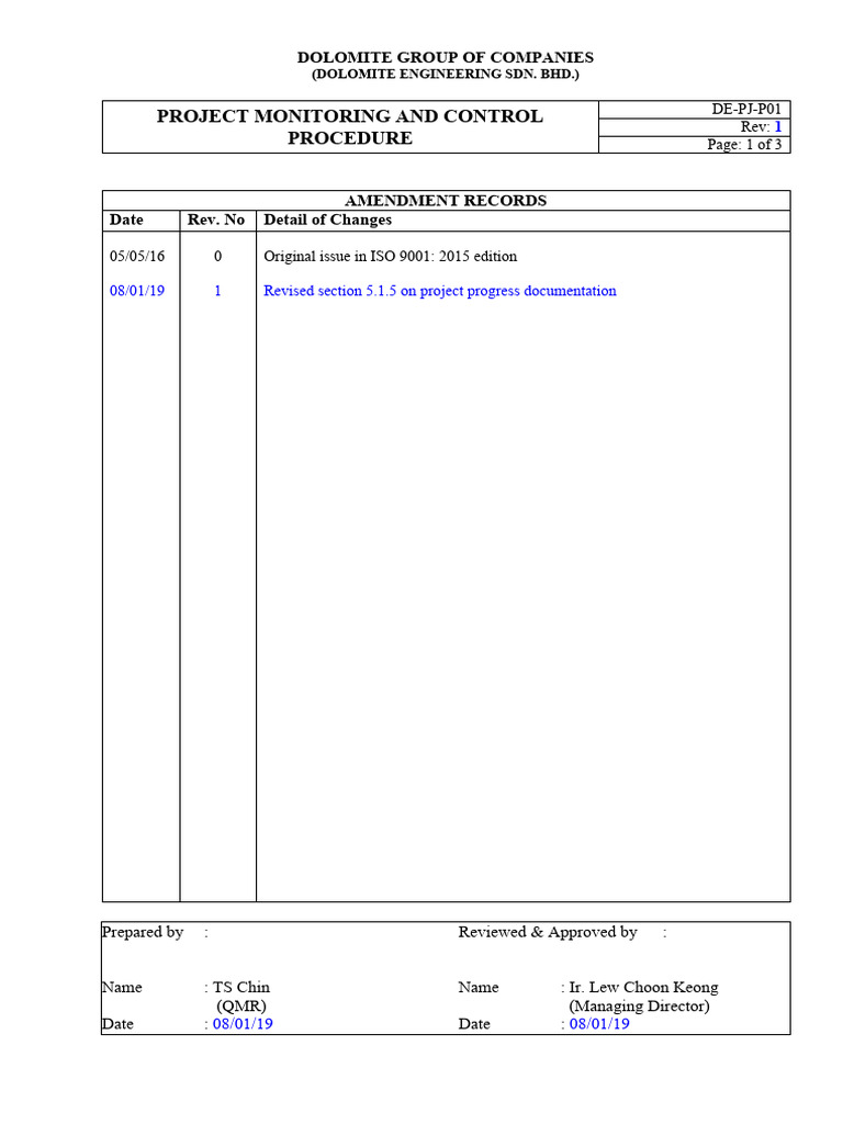 3) DE-PJ-P01 (Project Monitoring and Control Procedure) - Rev. 1 ++ | PDF