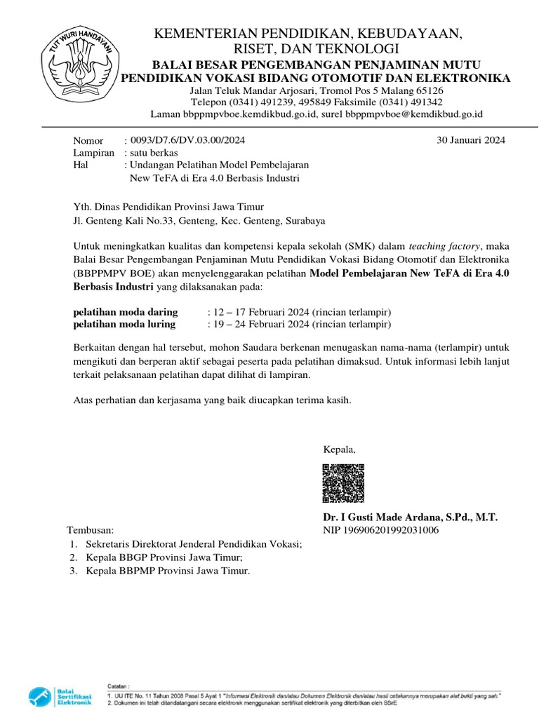 Surat Panggilan Peserta Diklat KS - TTE - Rev1 | PDF