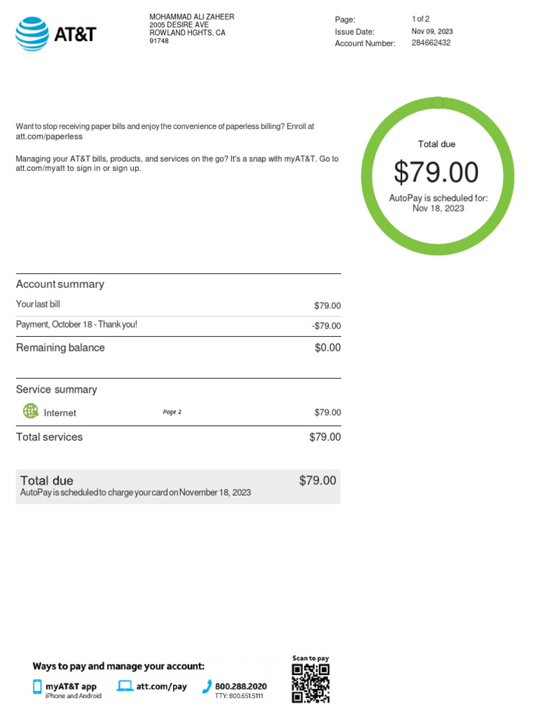 AT&T Bill - MOHAMMAD ALI ZAHEER | PDF | Cheque | Fee