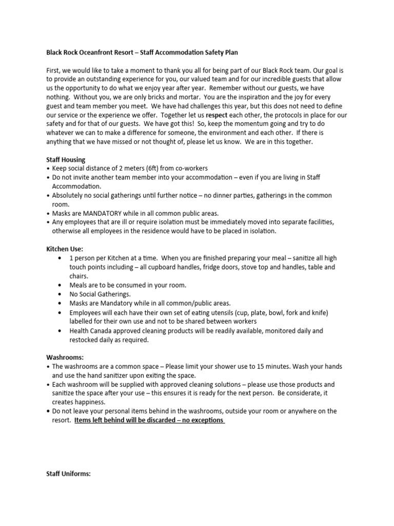 Black Rock Resort Staff Safety Guidelines | PDF | Bathroom