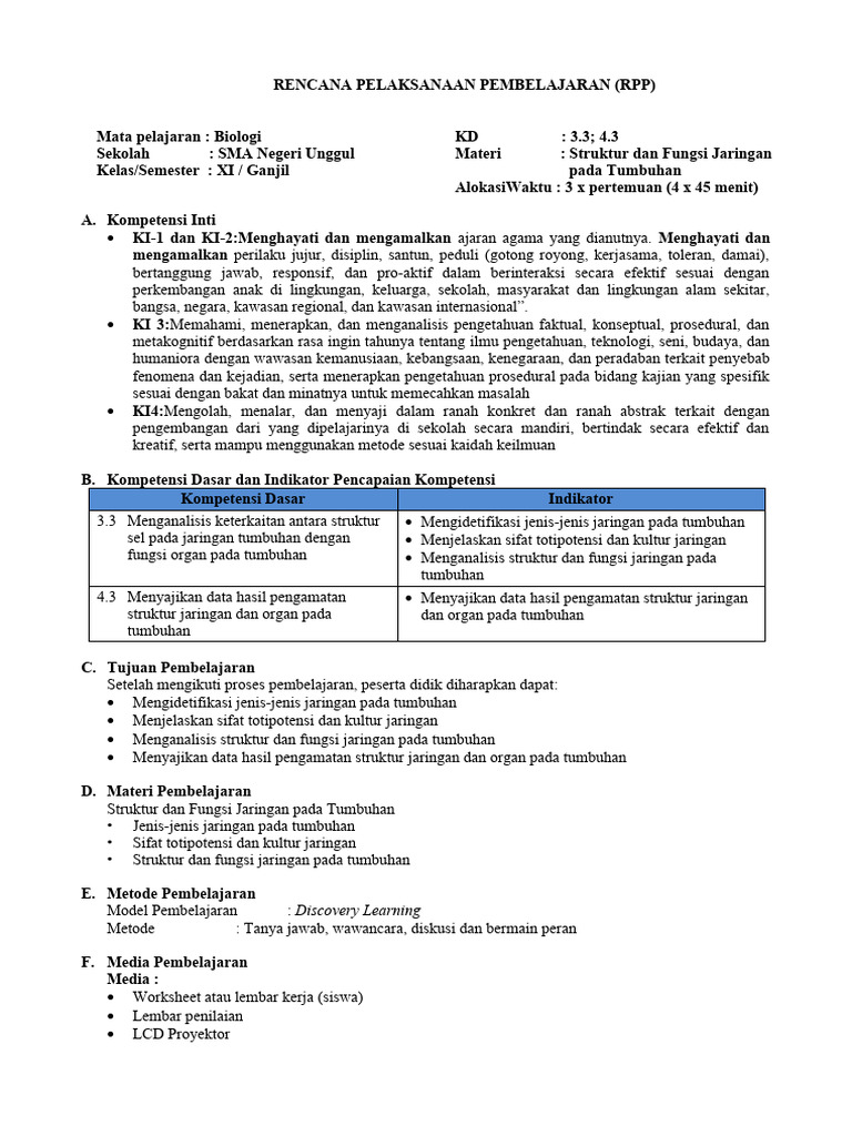 RPP Struktur Dan Fungsi Jaringan Pada Tumbuhan | PDF