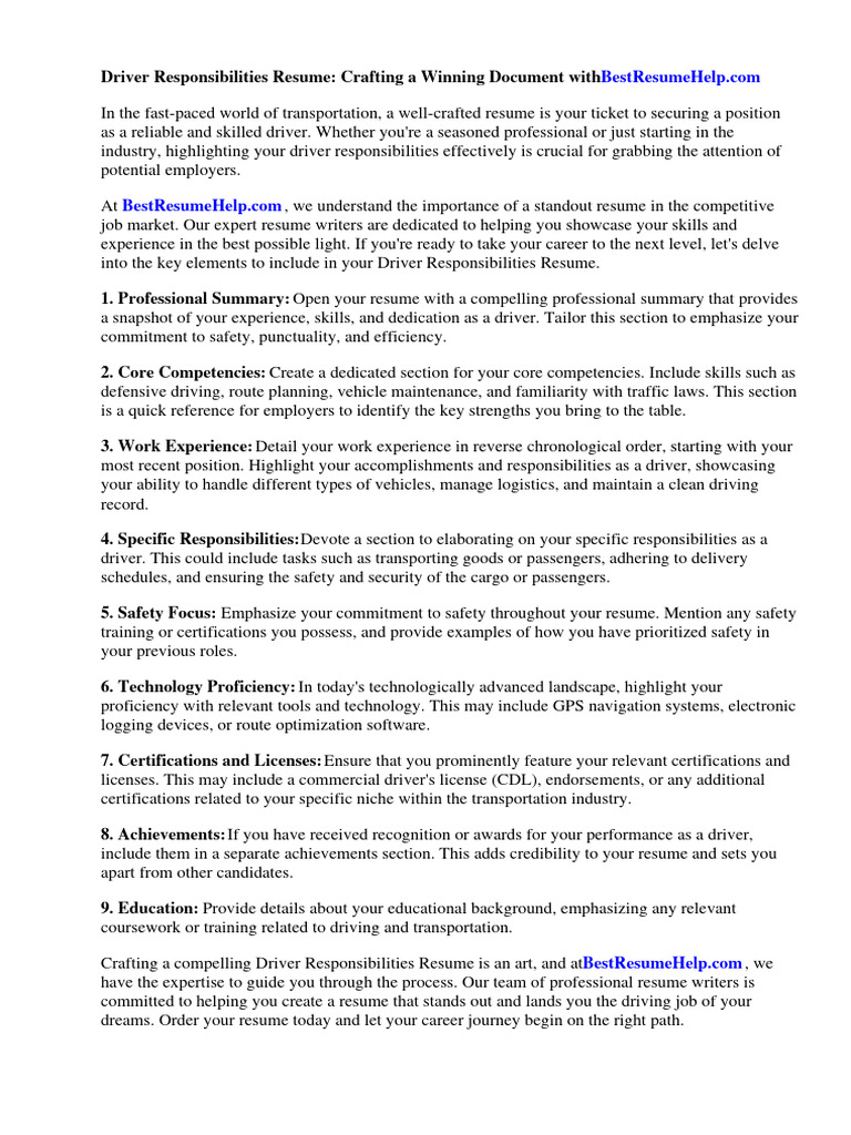 Driver Responsibilities Resume | PDF | Truck Driver | Truck