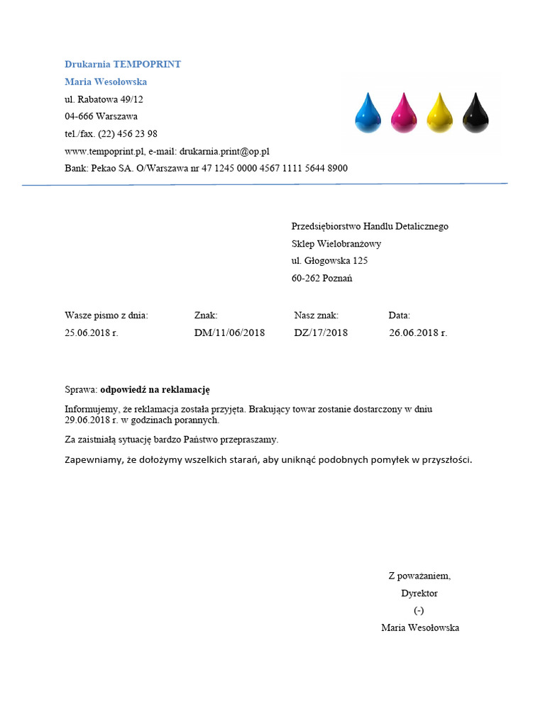 Odpowiedź Na Reklamację | PDF