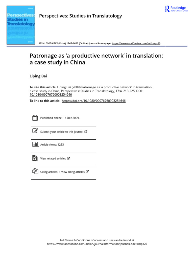 Liping Bai - Patronage As A Productive Network in Translation A Case ...
