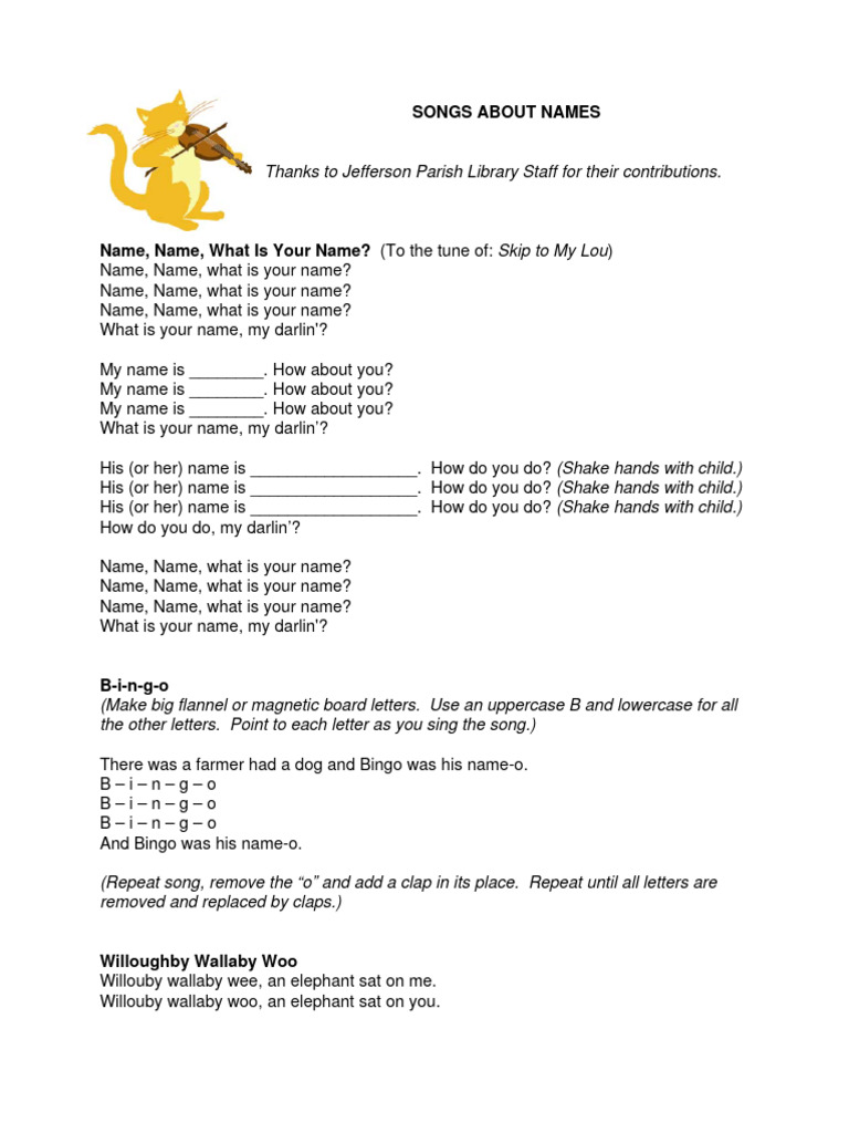 Songs About Names | PDF | Songs | British Children's Entertainment