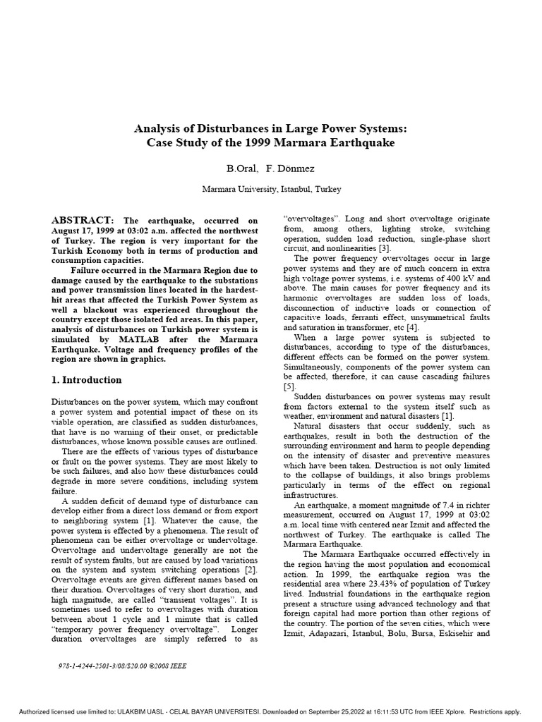 Analysis of Disturbances in Large Power Systems Case Study of The 1999 Marmara Earthquake | PDF ...