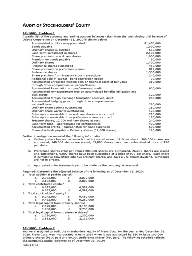 Audit of SHE | PDF | Treasury Stock | Preferred Stock